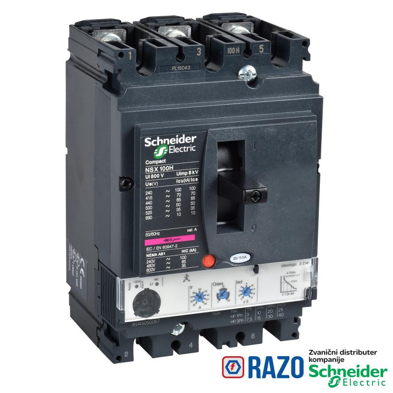 prekidač Compact NSX100N - Micrologic 2.2 - 50 A - 3P 3d | Razoelektro
